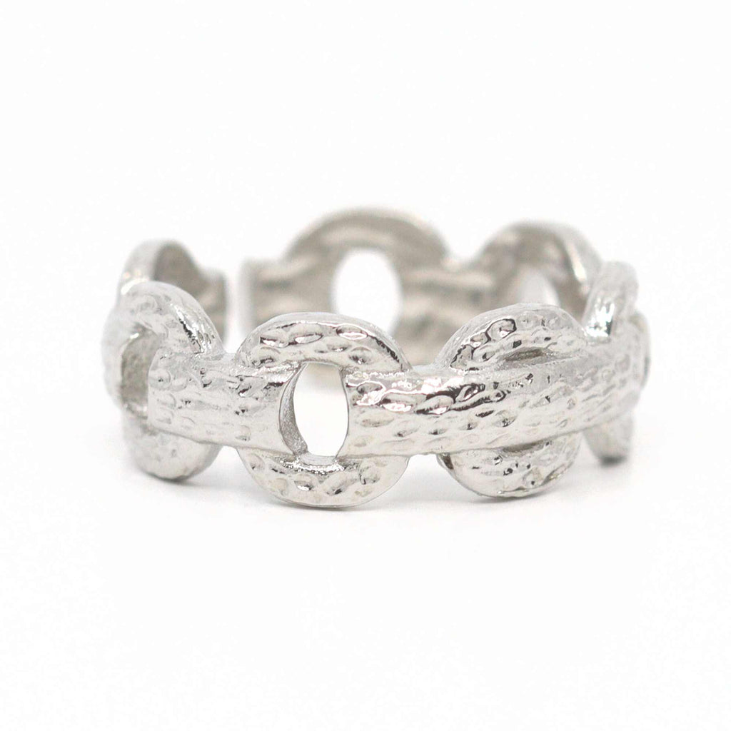Satinski cross chain solid open silver resizable stacking ring